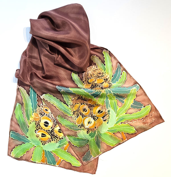 "Banksia Serrata" hand painted long silk scarf by Jane Hinde - Craft NSW